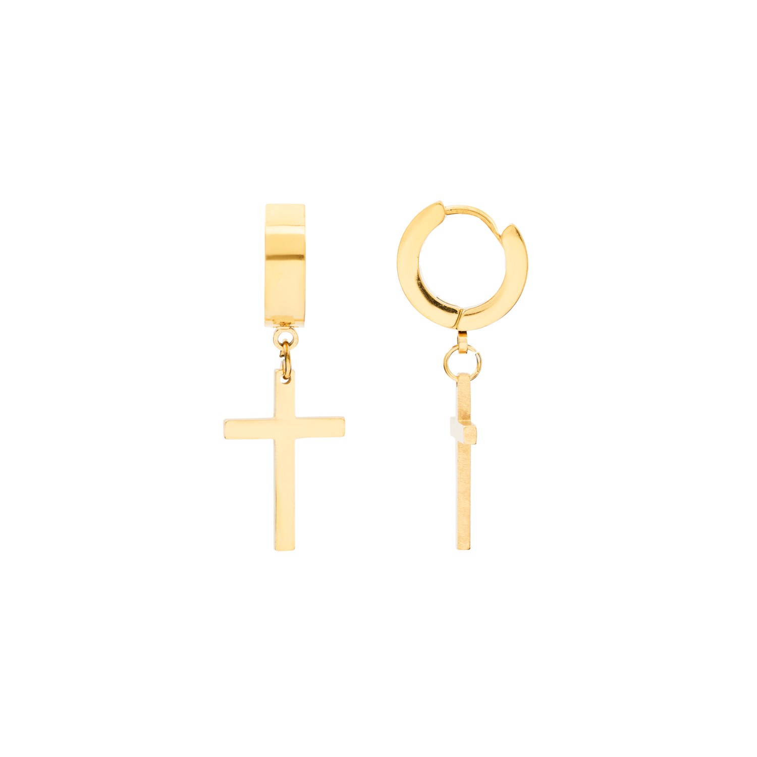 Aro Huggie con Cruz Recta en Acero Dorado - Alqimia Joyería en Acero