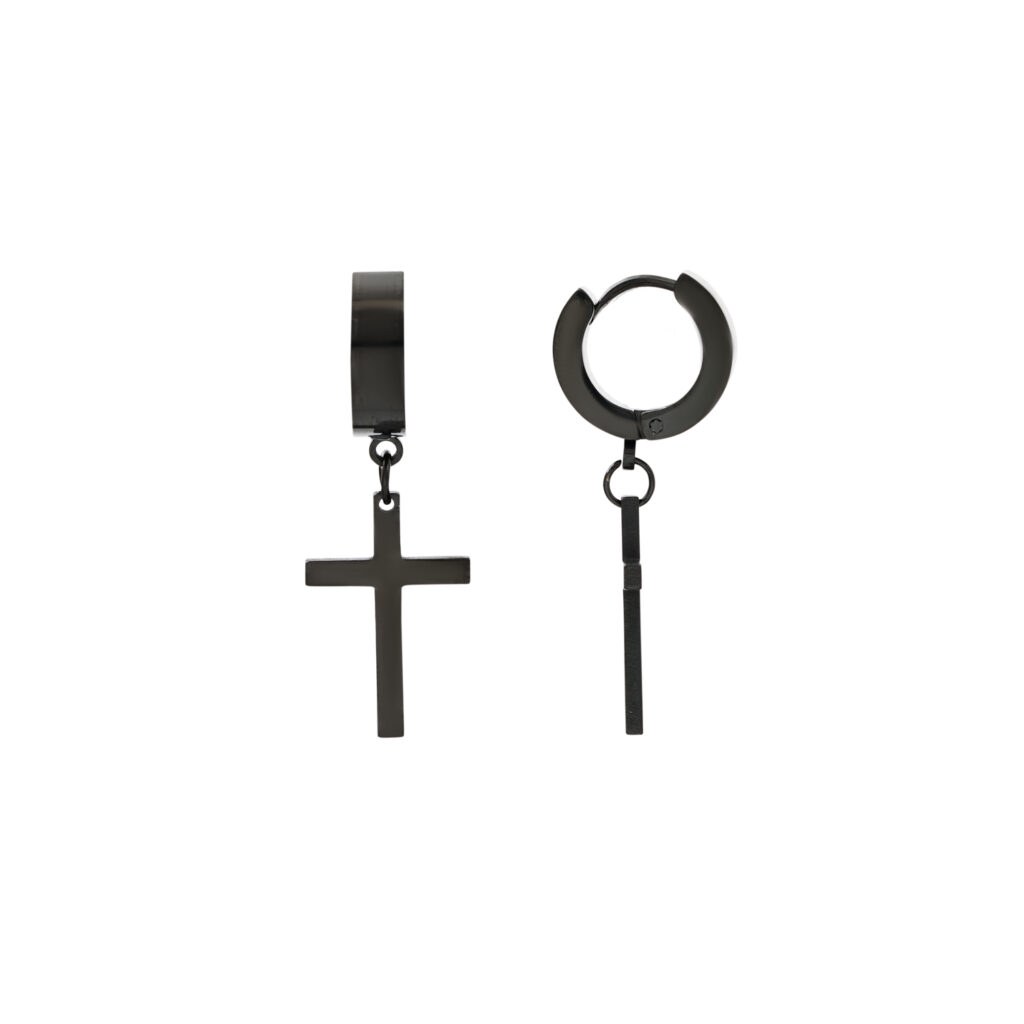 Aro Huggie con Cruz Recta en Acero Negro - Alqimia Joyería en Acero