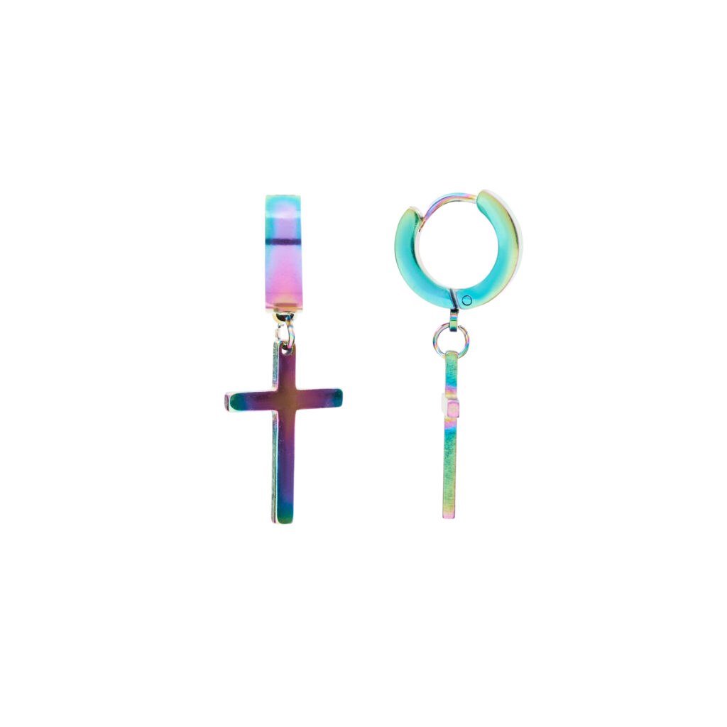 Aro Huggie con Cruz Recta en Acero Tornasol - Alqimia Joyería en Acero